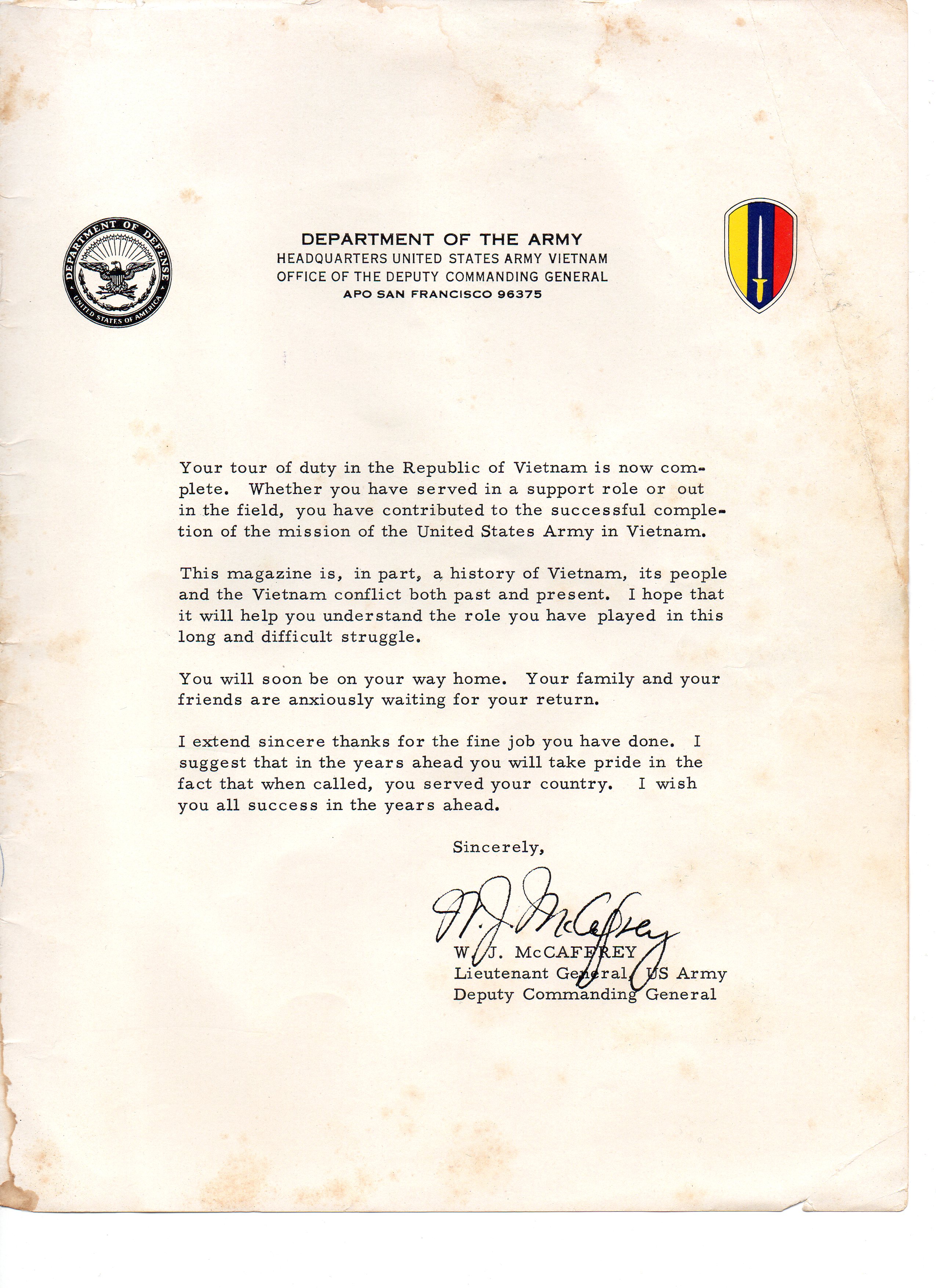 Tour 365 – General McCaffrey Letter (inside of back cover) – RUCKSACK ...